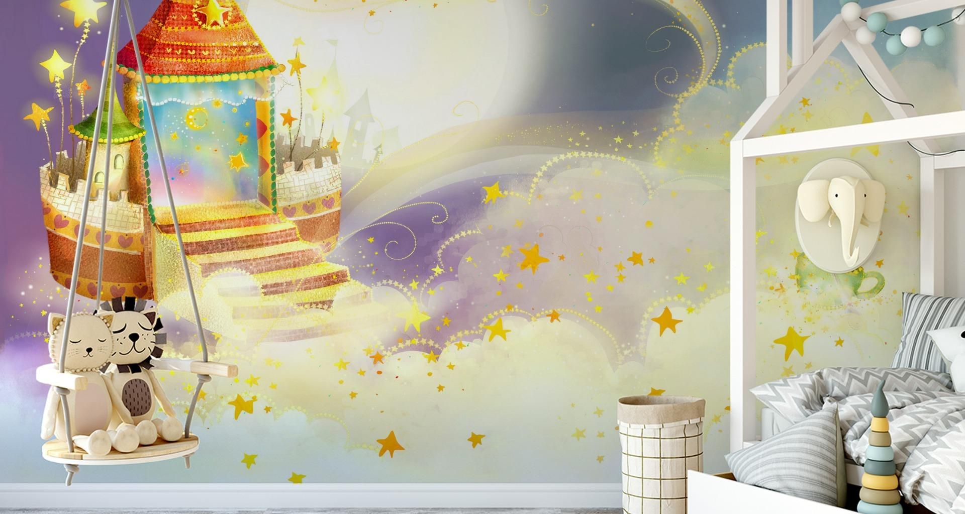 Muralo Fototapeta Abstrakcyjny Zamek Niebo Króliczek Gwiazdy Dekoracja Do Pokoju Dziecka Modny ...