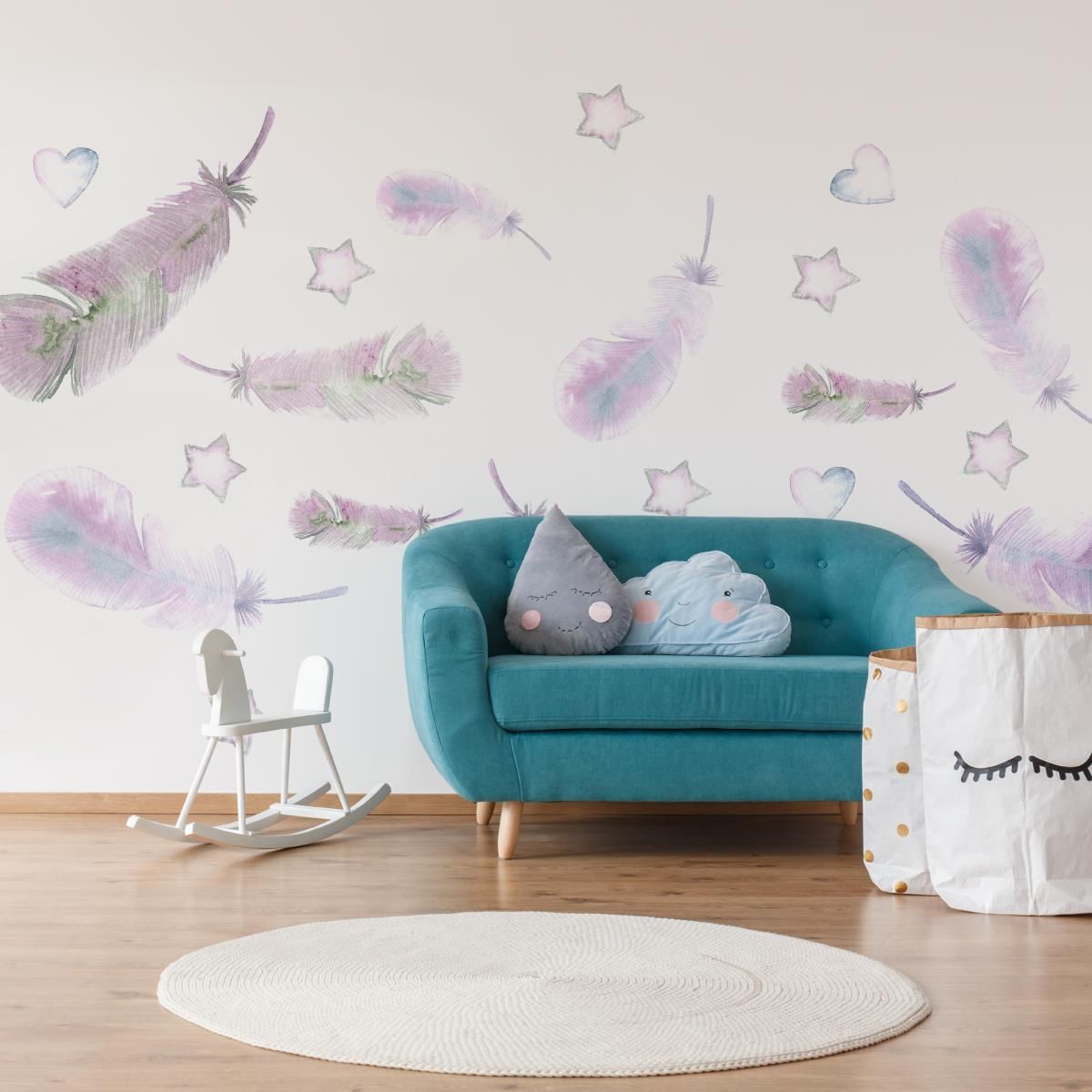 Muralo Fototapeta Akwarelowe Piórka Gwiazdy Serca Nowoczesna Ozdoba Ścienna 3D Do Pokoju Dziecka ...