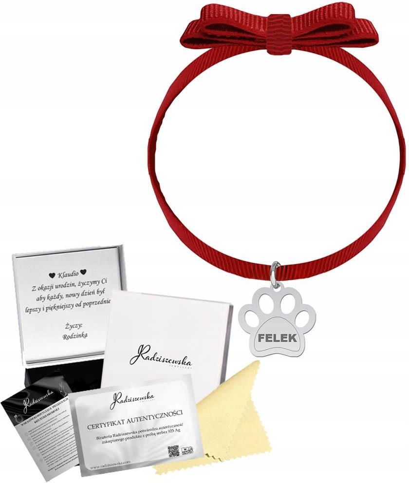 BRANSOLETKA KOKARDKA ŁAPKA PSA KOTA Z GRAWEREM WSTĄŻKA SREBRO 925 ...