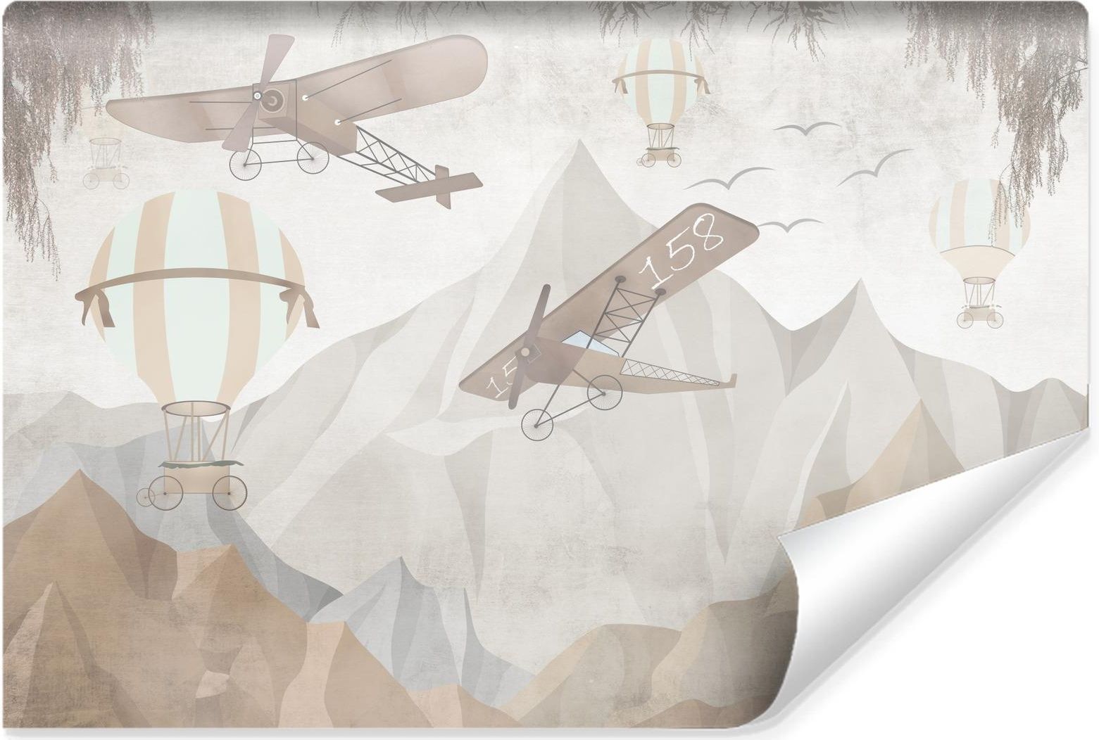 Muralo Fototapeta Dekoracja Ścienna Dla Dzieci Samoloty Balony Góry Krajobraz Styl Vintage 3D ...