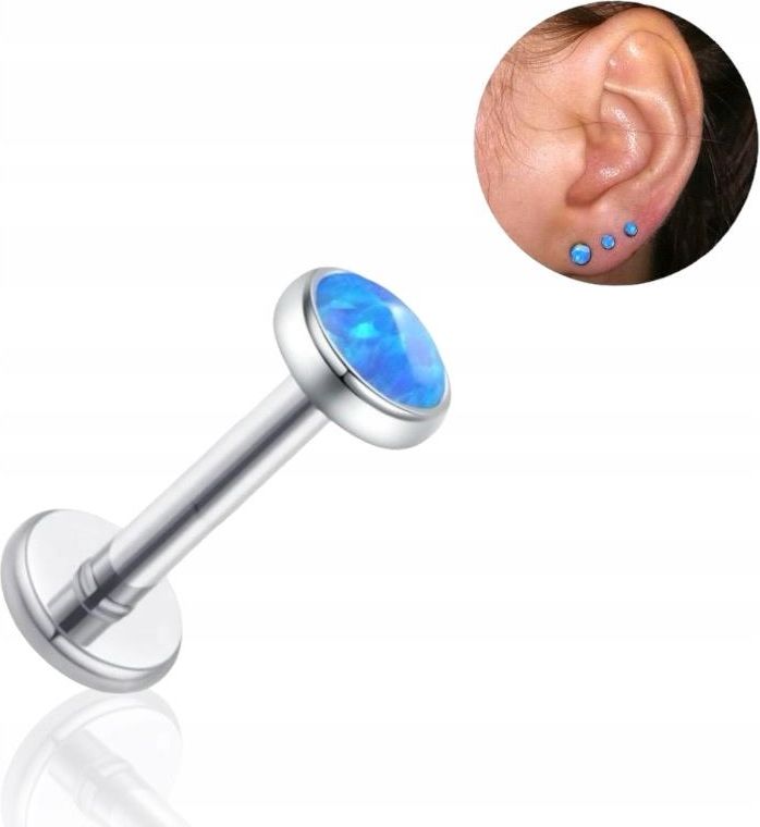 Kolczyk Piercing Srebrny Labret niebieski opal Tytan Lobe Helix 1,2/6/3 ...
