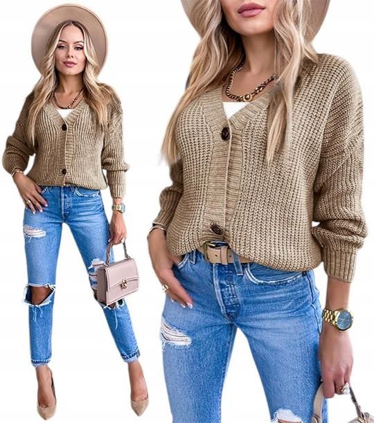 Krótki Kardigan Damski sweter zapinany na guziki modny stylowy - Ceny i ...