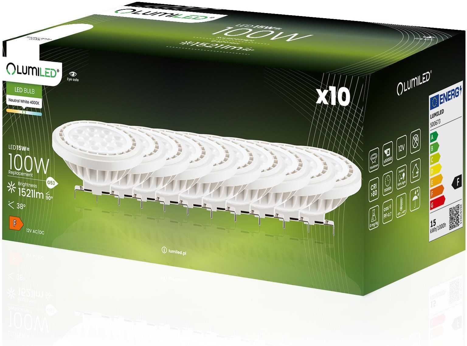 Lumiled Zestaw 10X Żarówka Led Ar111 G53 15W = 100W 1521Lm 4000K 12V Neutralna 38° - Opinie i ...