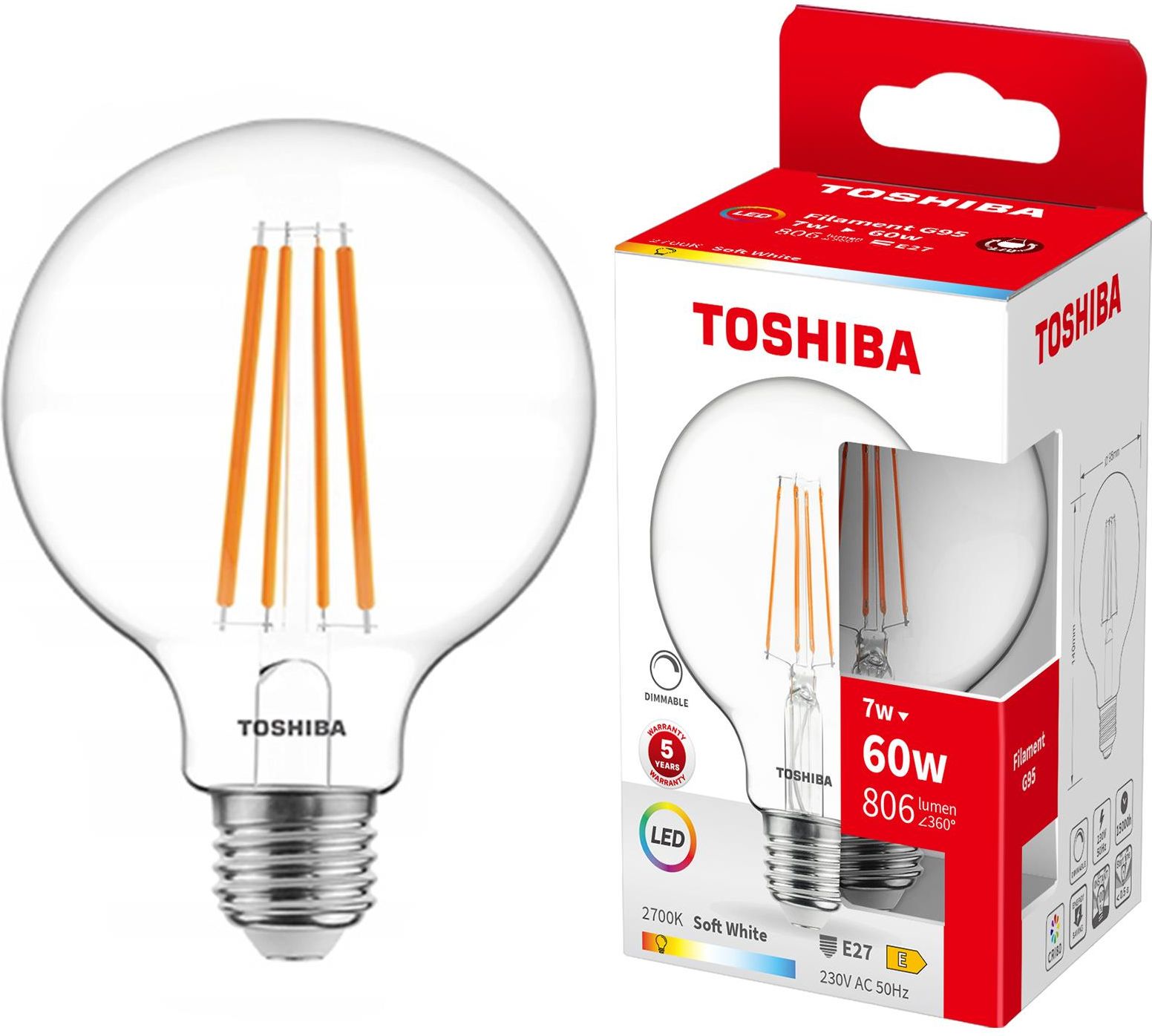 Toshiba Żarówka Led E27 G95 7W = 60W 806Lm 2700K Ciepła Filament Ściemnialna - Opinie i ...