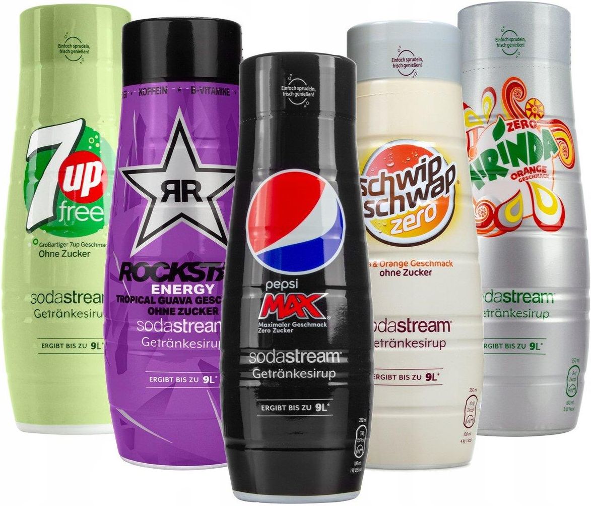 Sodastream 5X Syrop Do Soda Stream Zero Mirinda Rockstar Energy Guava 7 up Pepsi Max Schwip ...