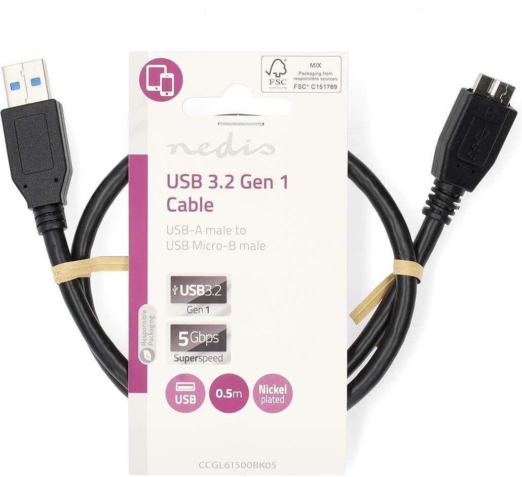 Nedis USB 3.2 Gen 1 USB-A Plug Micro-B 5 Gbps Niklowany 0.50 m PVC ...