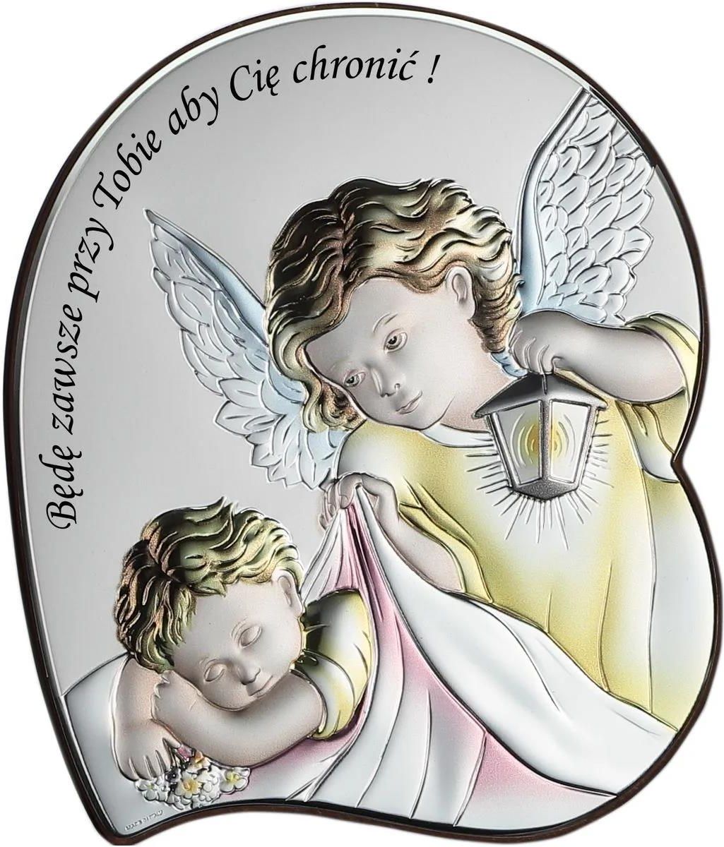 Srebrny obrazek na chrzest anioł stróż z latarenką kolorowy Rozmiar ...