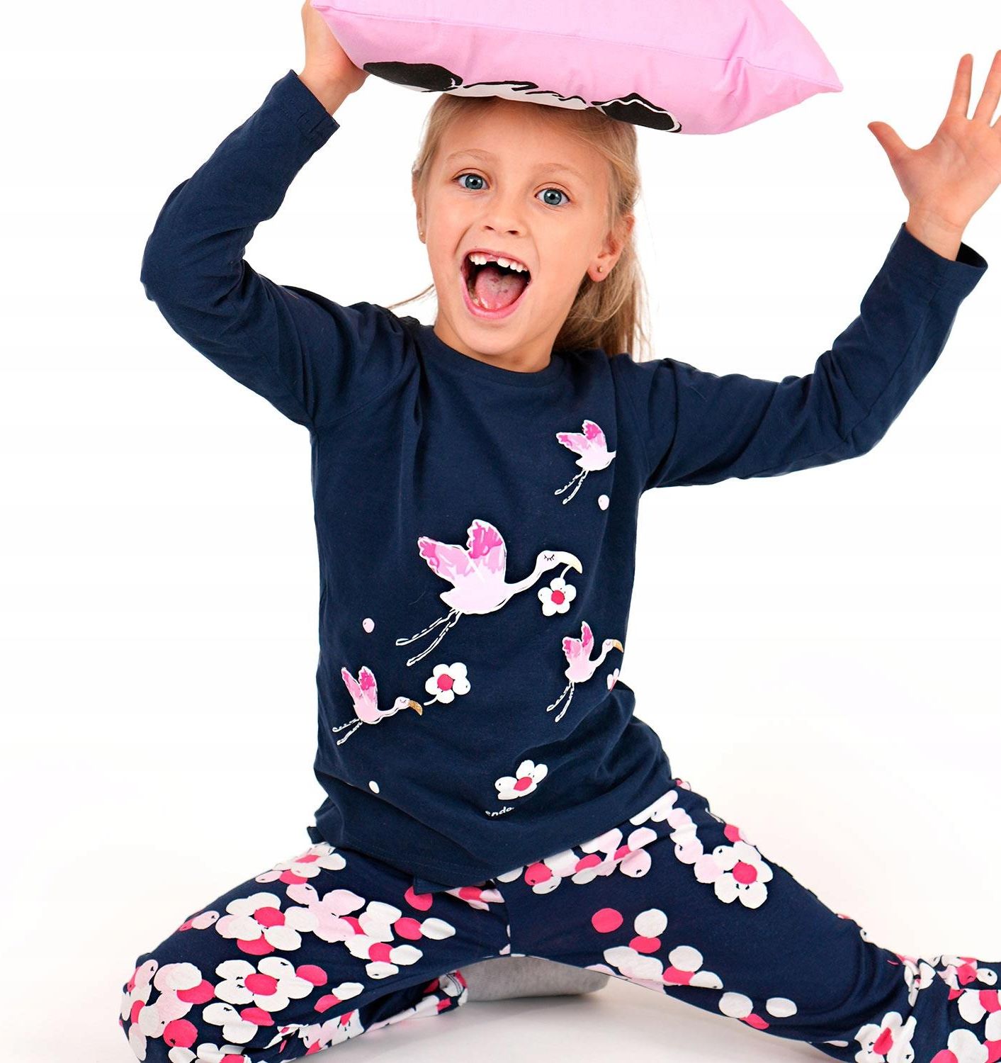 Piżama dziecięca zimowa piżama dziewczęca bawełna granat 146 Flamingi ...