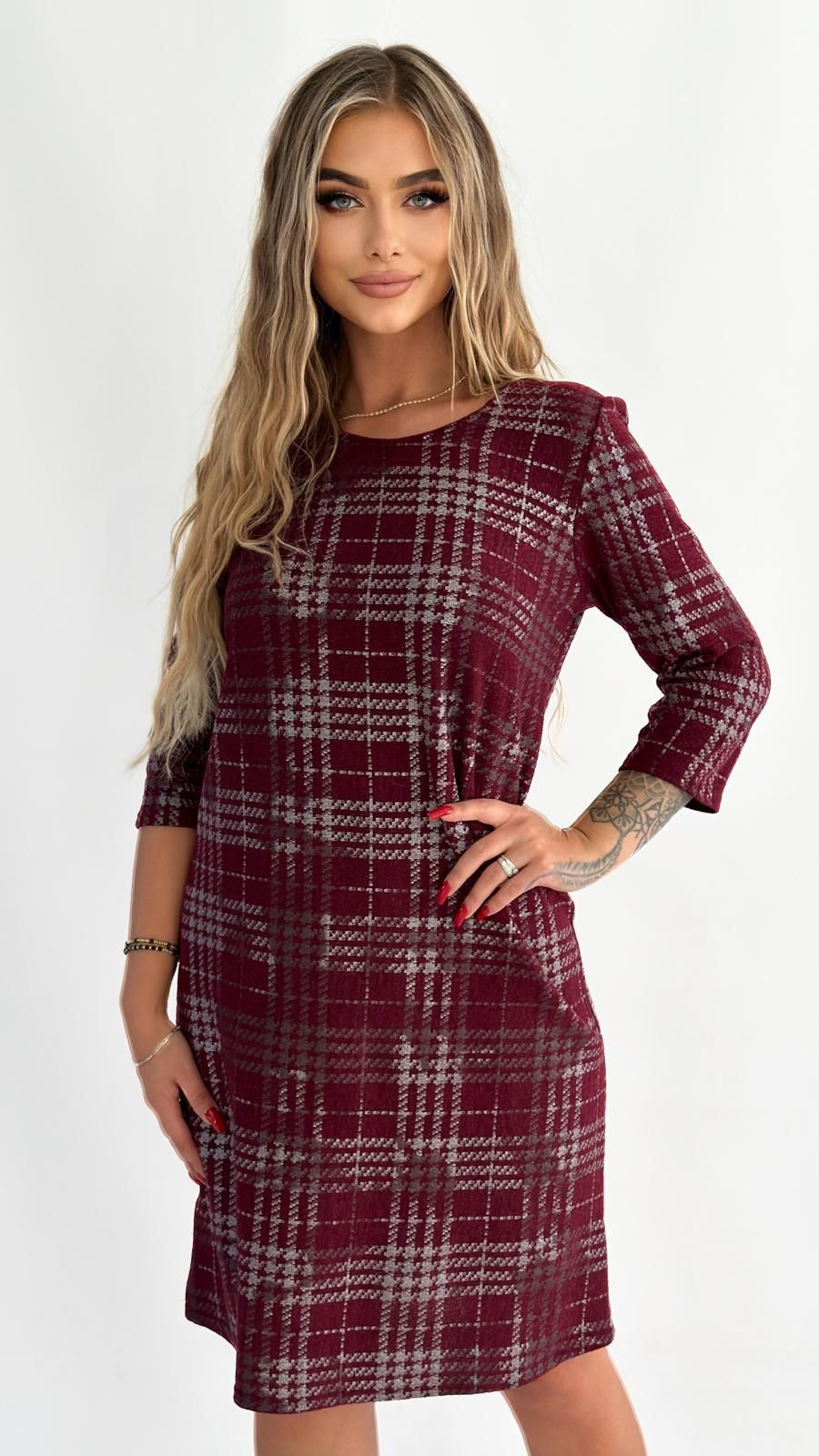Bordowa Śliczna Prosta Sukienka W Kratkę Rozmiary M 2XL - Ceny i opinie - Ceneo.pl