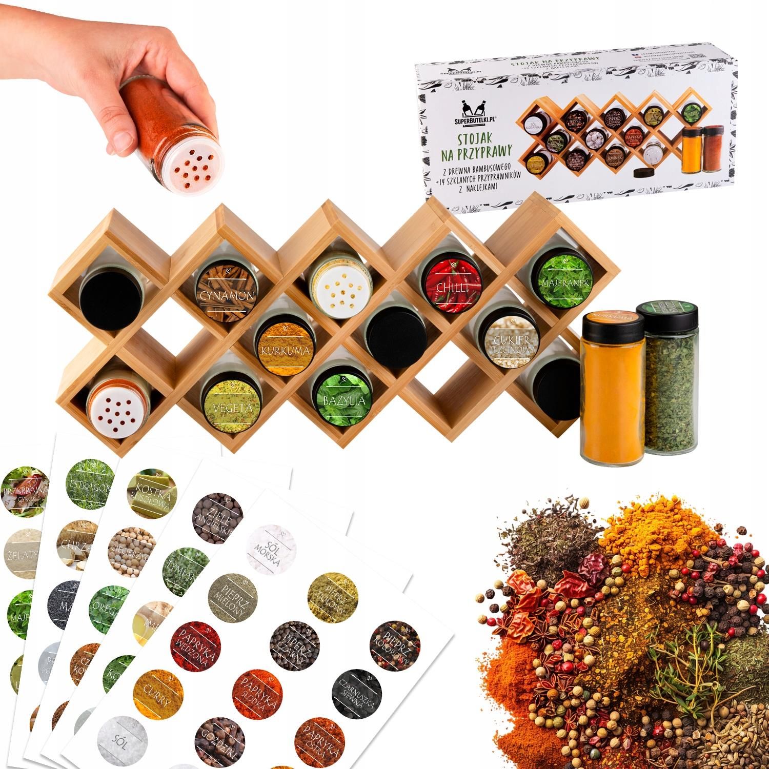 Superbutelki Zestaw Stojak Na Przyprawy Bambus 75 Sztuk Etykiet ...