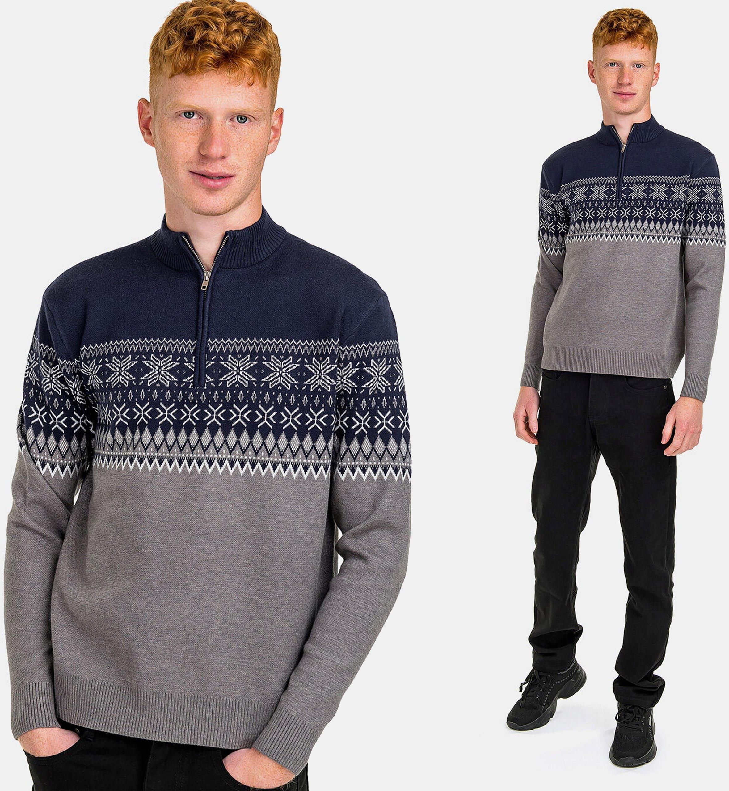 Sweter Męski Wzór Norweski Zimowy Ciepły Stójka Rozpinany M - Ceny i ...