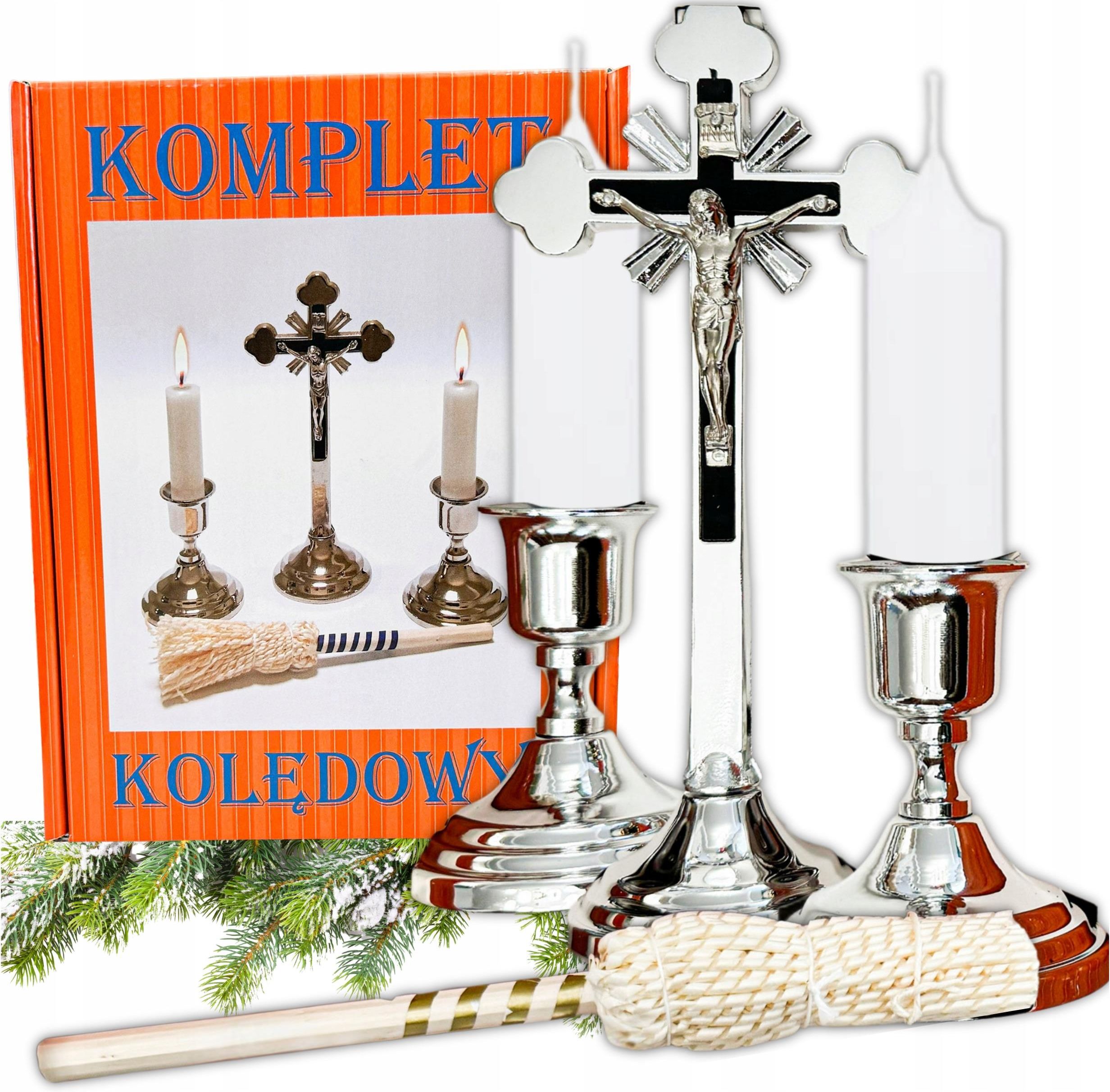 Zestaw Kolędowy Komplet Srebrny duży 19 cm na kolędę Krzyż Świece ...
