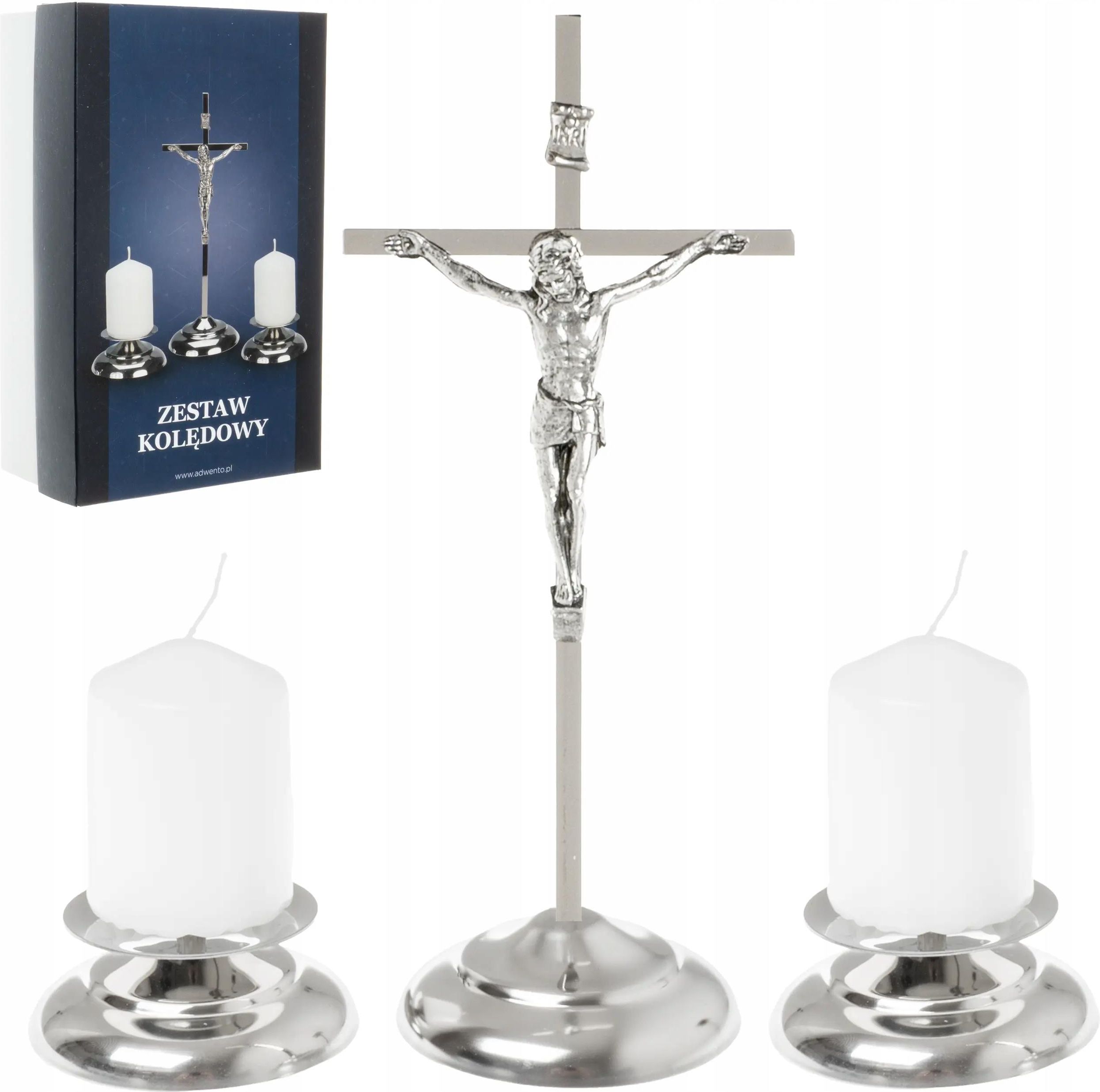 Zestaw kolędowy srebrny komplet krzyż świeczniki na kolędę Stal ...