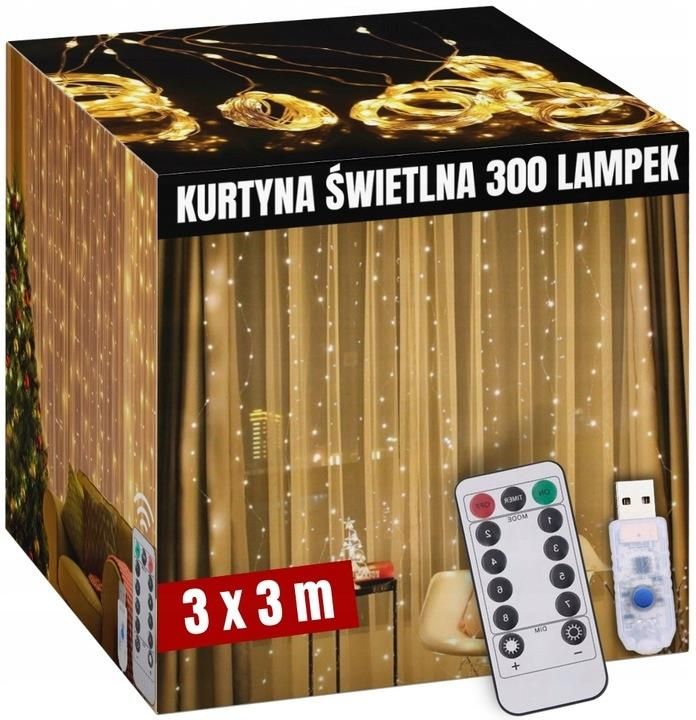 Kurtyna Świetlna 3X3M 300 Led Girlanda Ozdobna Sople Na Okno Haczyki ...