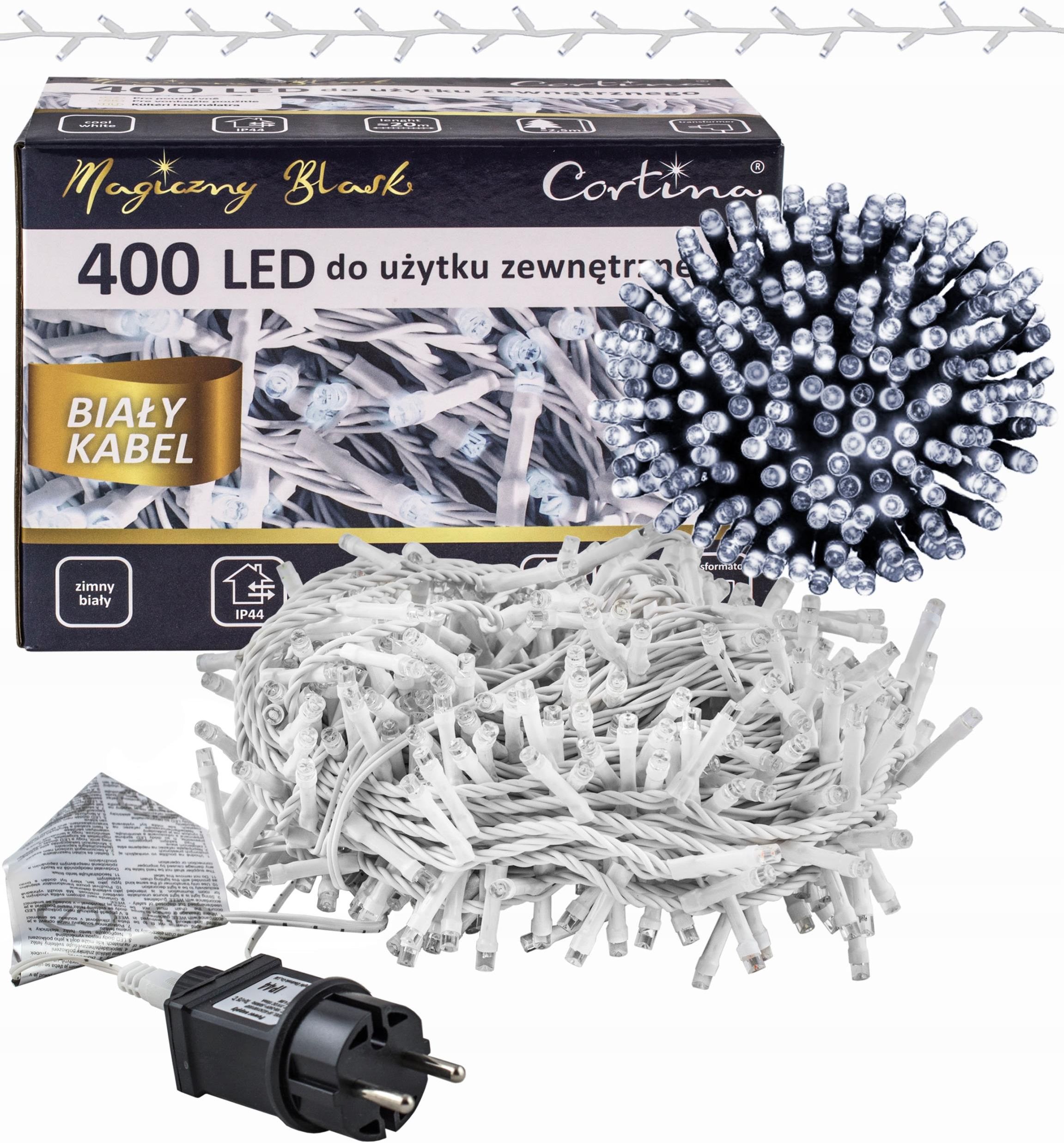 Cortina Lampki Choinkowe 400 Led 20M Biały Kabel Sznur Ip44 Zimny ...