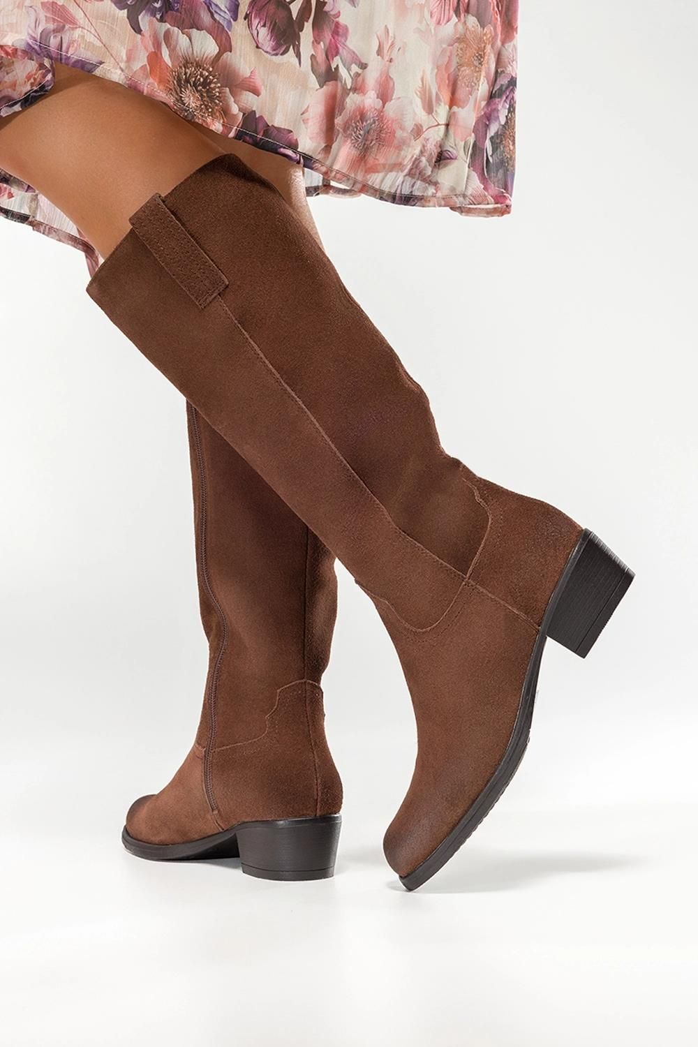 Kozaki Skórzane Damskie Brązowe Kowbojki Przed Kolano Niski Obcas r 38 ...