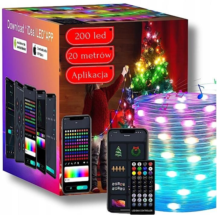 Nocton Lampki Choinkowe Led Świąteczne 20M Bluetooth Smart Taśma 200Szt ...
