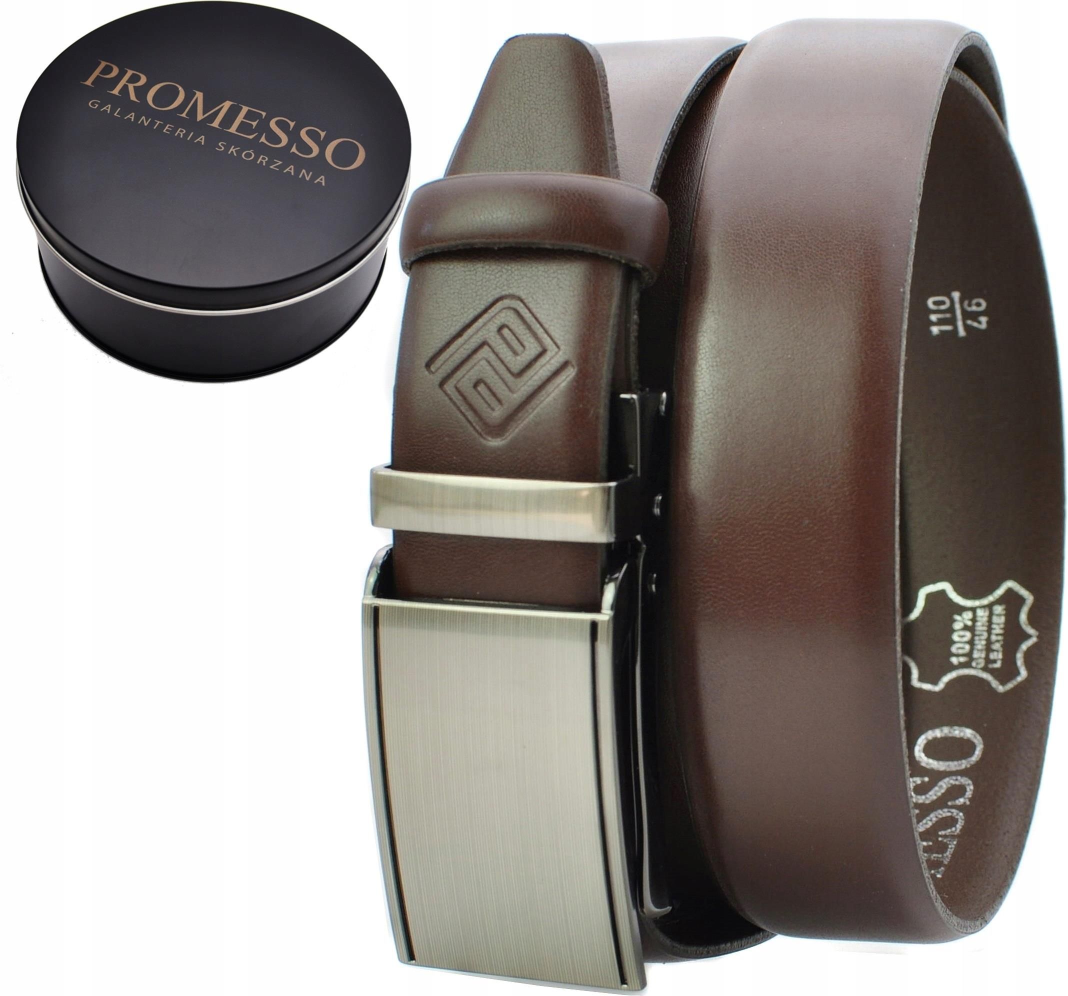 Polski Skórzany Pasek c. brąz Promesso automat 3cm metalowe pudełko ...