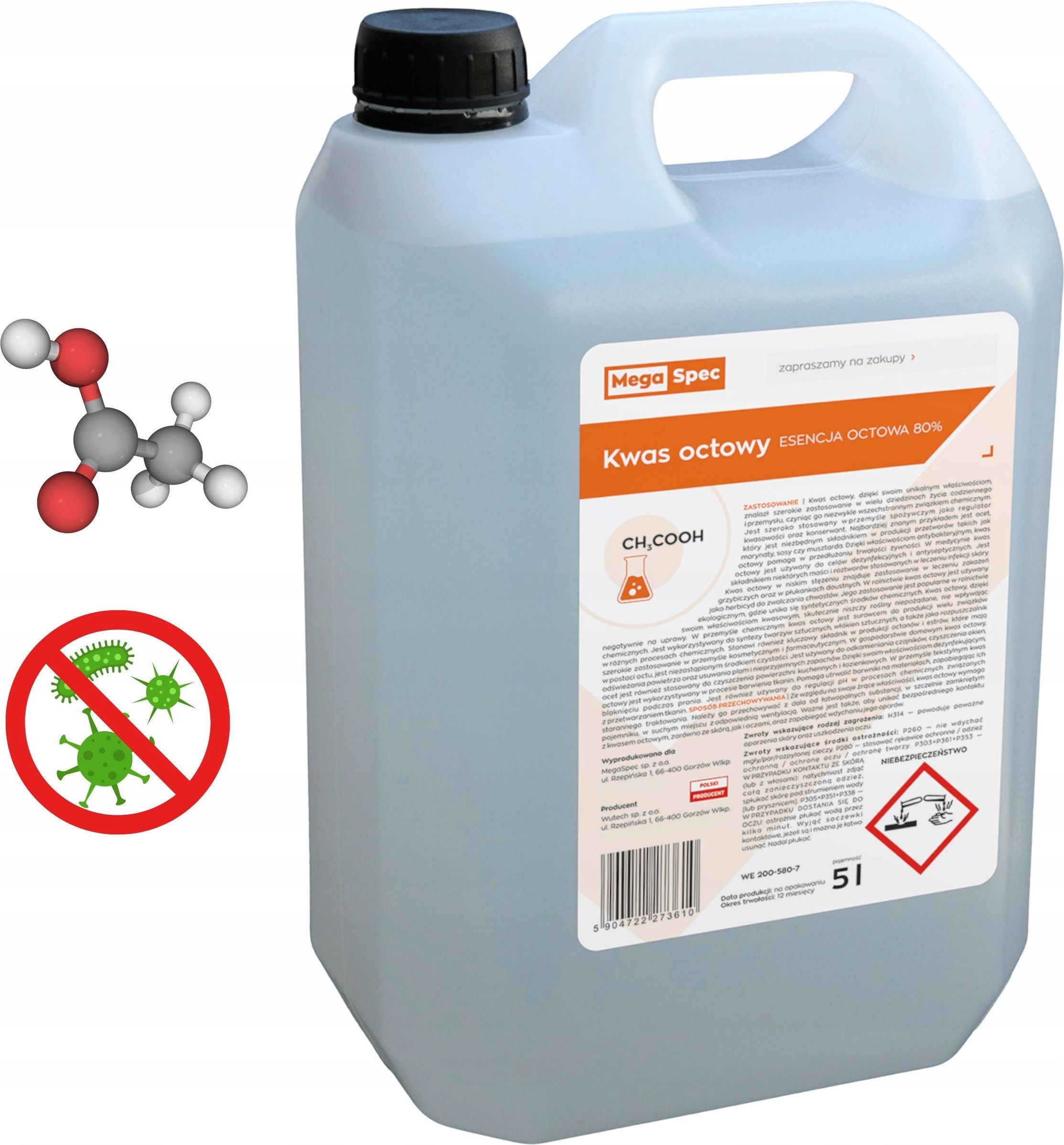Kwas Octowy Megaspec 80% 5L Esencja Octowa Do Dezynfekcji Czyszczenia ...