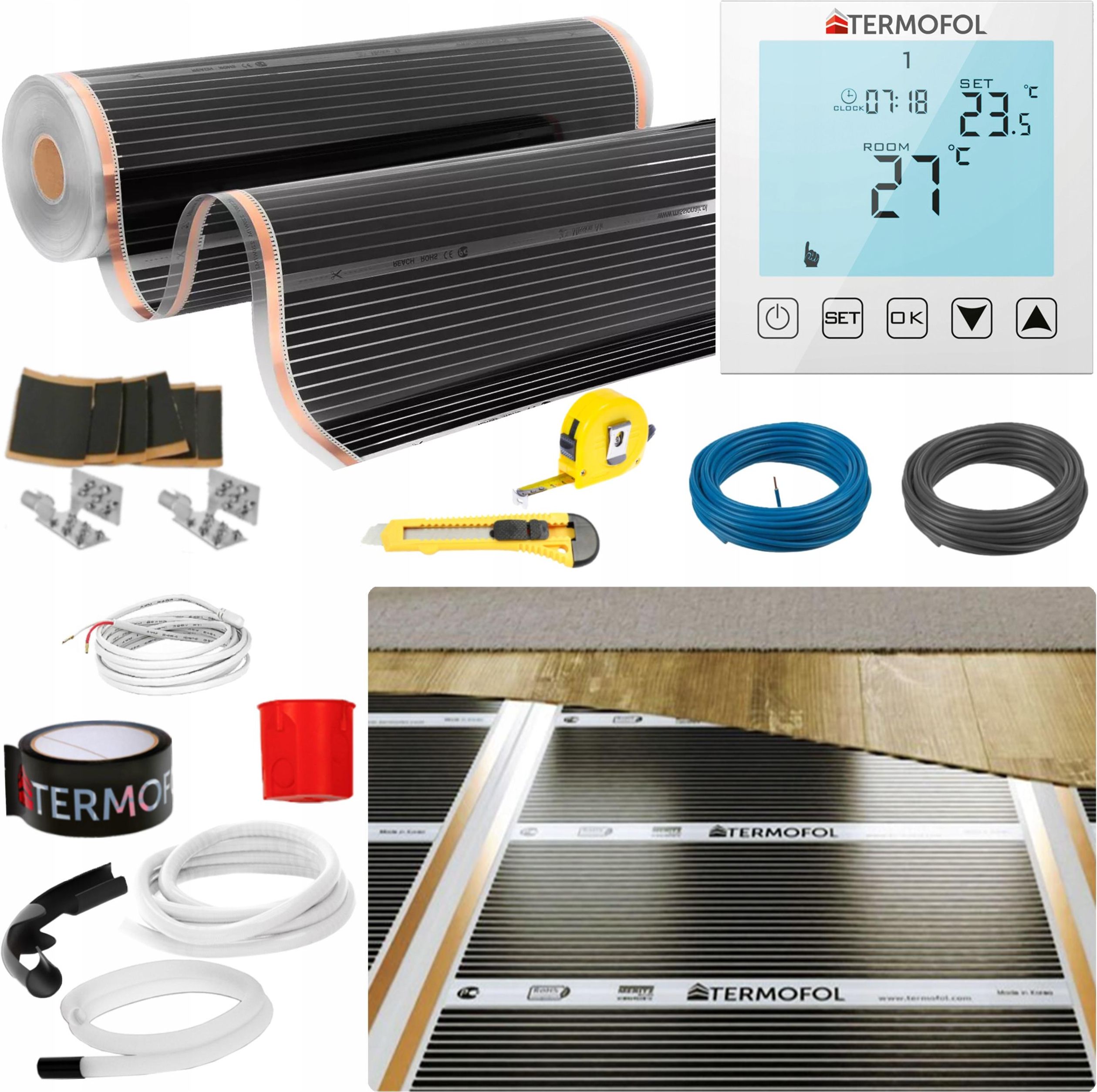 Ogrzewanie podłogowe Folia Mata Grzewcza Podczerwień -pod panele winylowe 80W/m² -22m² z TF-H1 ...