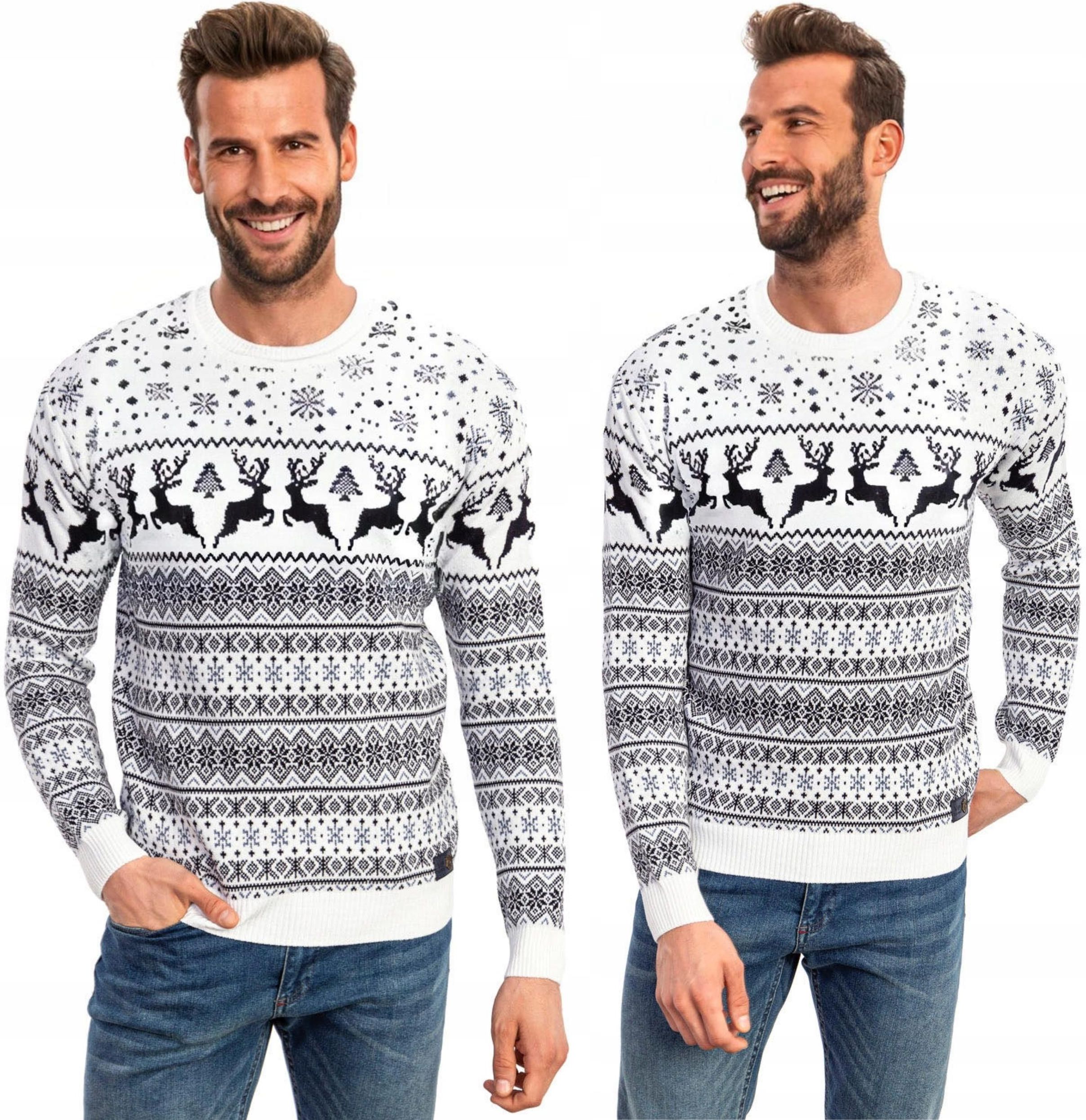 Męski sweter w norweski wzór świąteczny renifery biały stylowy wełniany ...