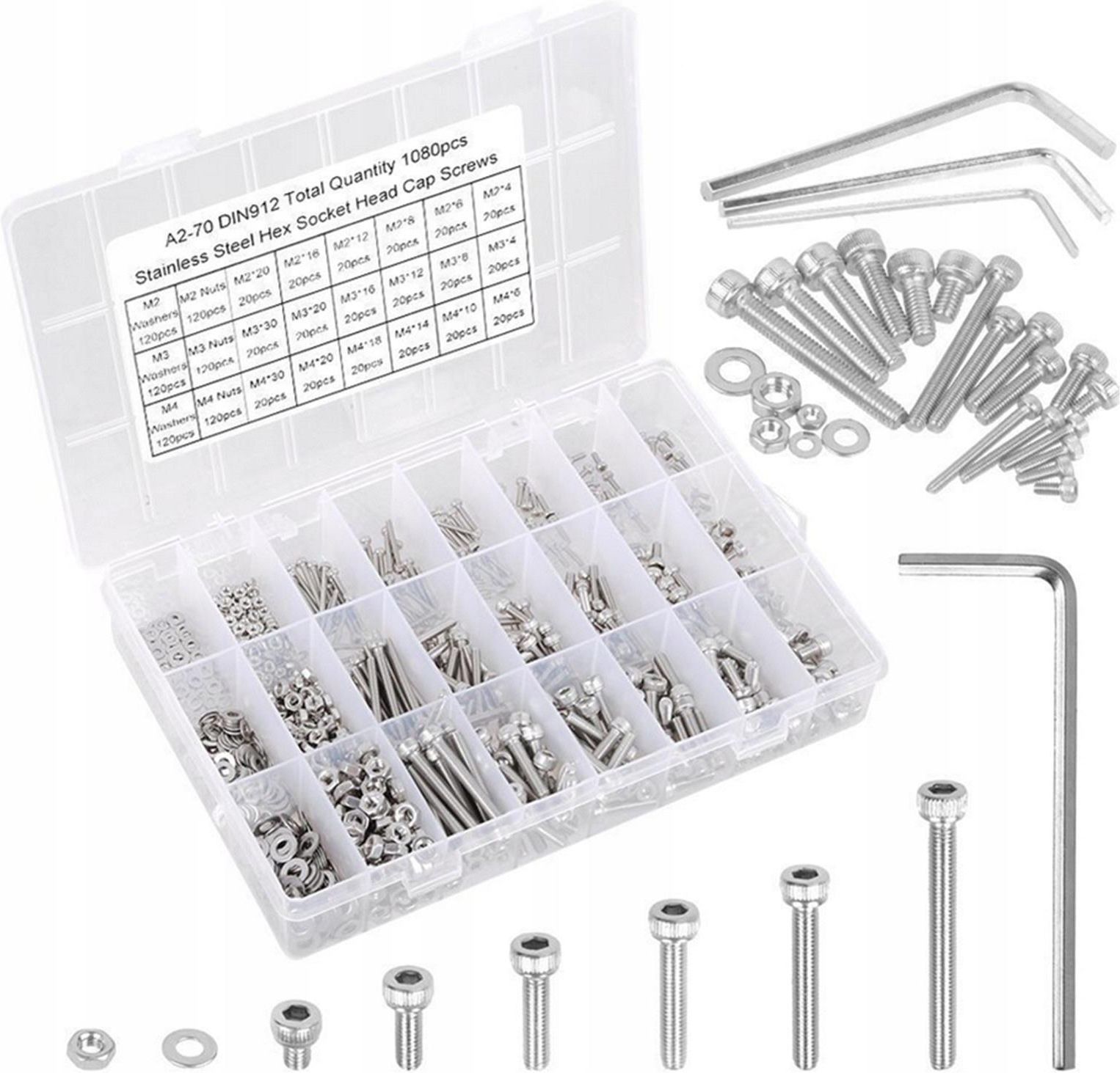 Zestaw Śrub Imbusowych M2 M3 M4 Śruby Podkładki Nakrętki Zestaw 1080szt ...