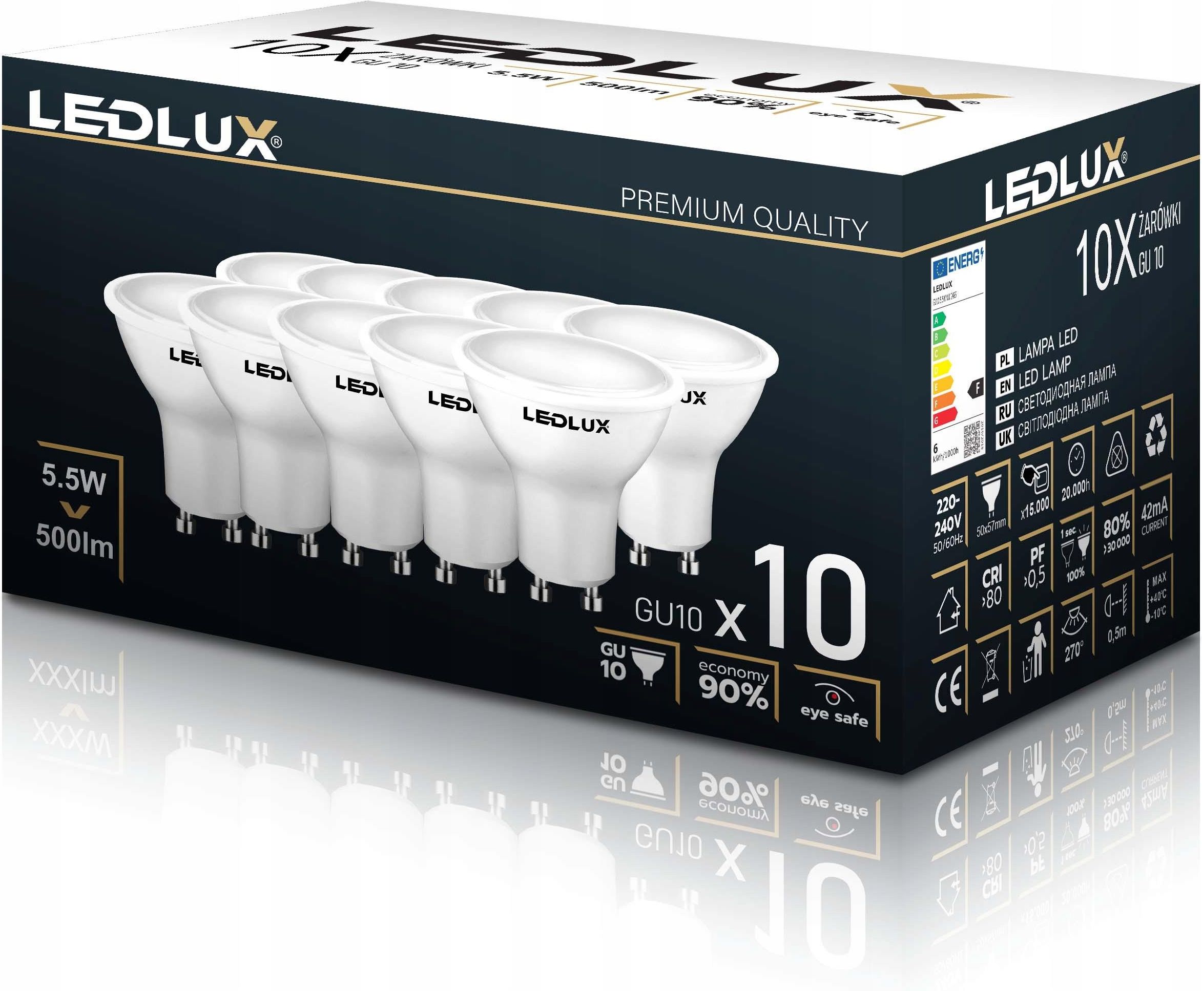 Ledlux 10X Żarówka Led Gu10 5,5W =50W Smd 3000K Ciepła Premium Nie Mruga (Zestaw10Xgu1055Www ...