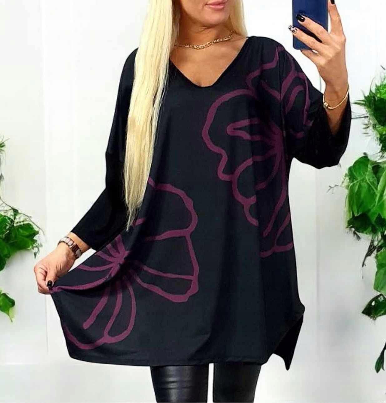 Tunika Wiskoza Rękaw 3/4 Luźna Bluzka kwiaty fiolet 54 56 7XL 8XL - Ceny i opinie - Ceneo.pl