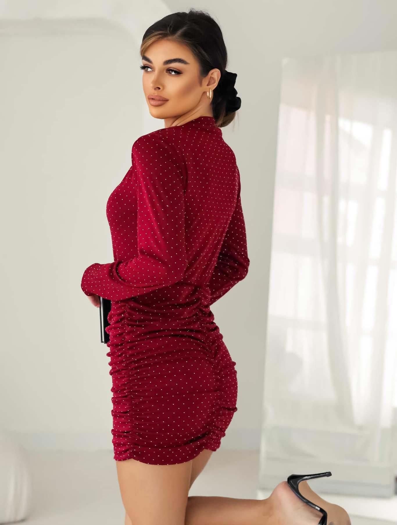 Sukienka Damska Krótka zdobiona cyrkonie Mini błyszcząca bordowa - Ceny ...