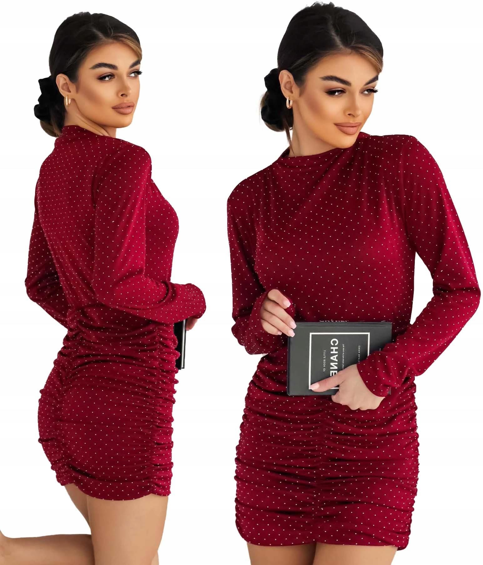 Sukienka Damska Krótka zdobiona cyrkonie Mini błyszcząca bordowa - Ceny ...