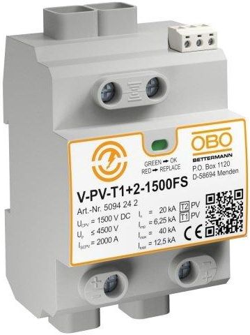 Bezpiecznik Obo Bettermann Ogranicznik Przepięć Pv 1500V Dc B+C Typ 1+2 V-Pv-T1+2-1500Fs 5094242 ...