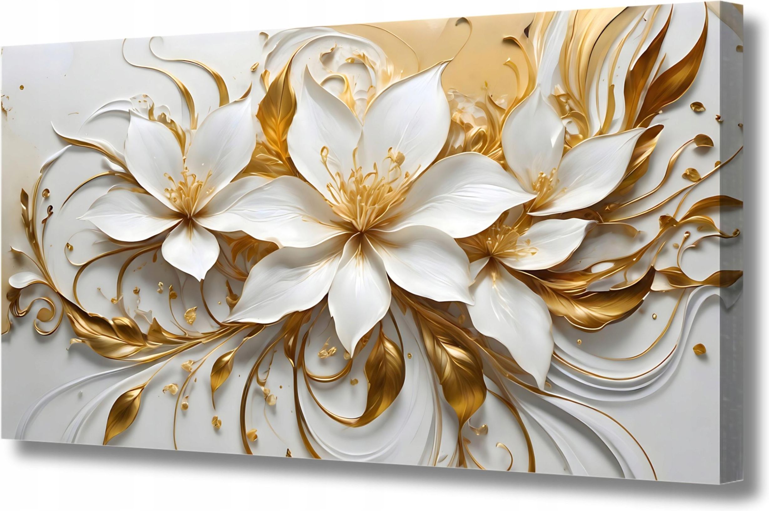 Obraz Na Płótnie 90x50 Do Salonu Biały Kwiat Ze Złotem IV Panoramiczny ...