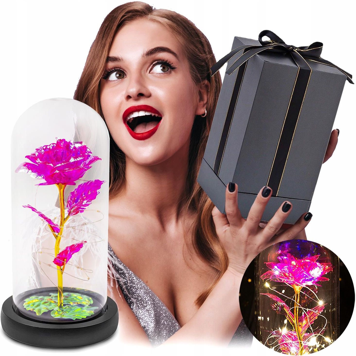 Zolta Pomysł Walentynki Dla Niej Wieczna Róża W Szkle Led Świecąca ...