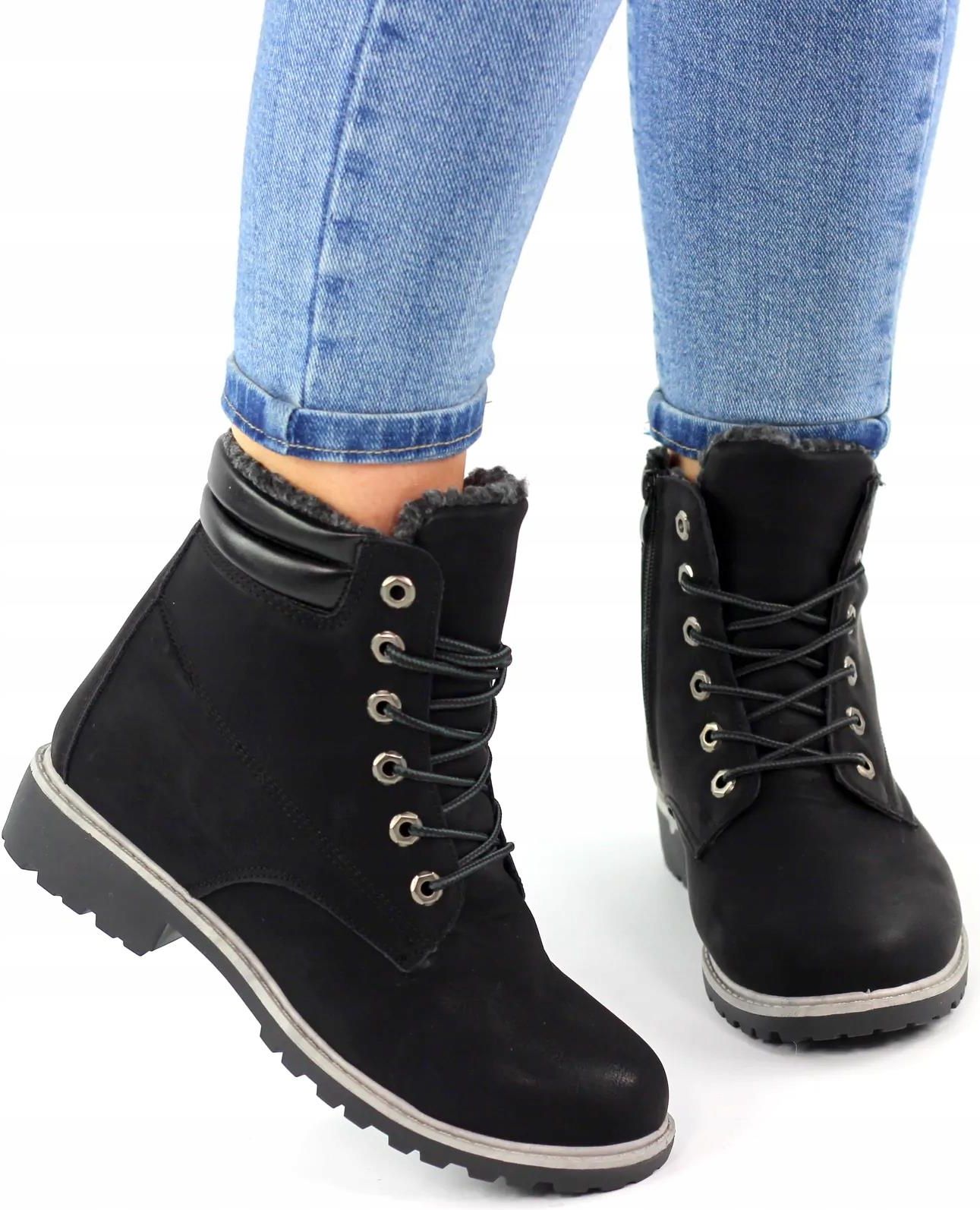 Czarne Botki Na Zimę Damskie Timberki Ocieplane Trapery Futro Suwak ...