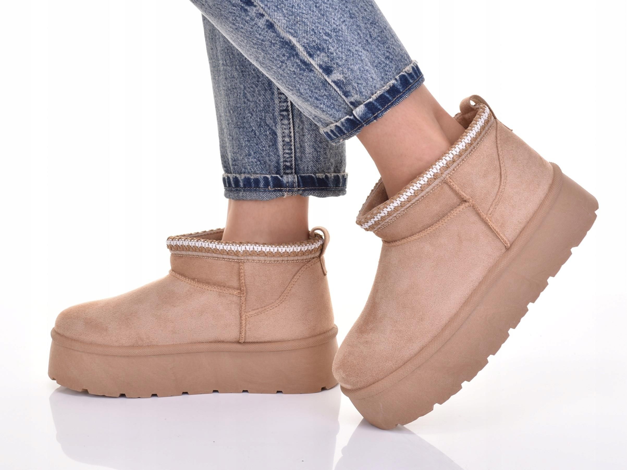 Śniegowce Damskie Niskie Ocieplone Futerkiem Buty Zimowe Platforma ...