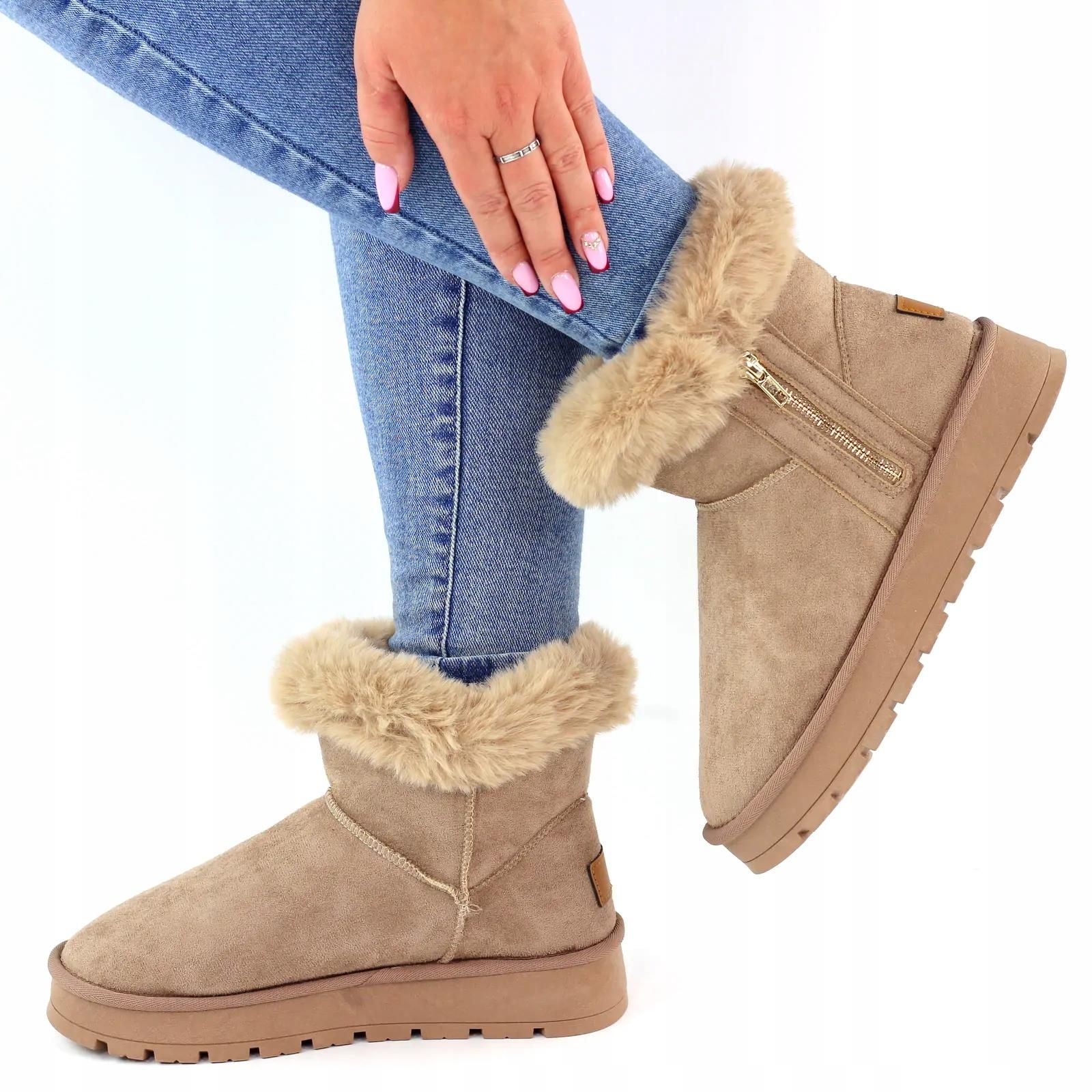 Brązowe Botki na Zimę Ocieplane Buty Śniegowce Damskie z Futrem na ...