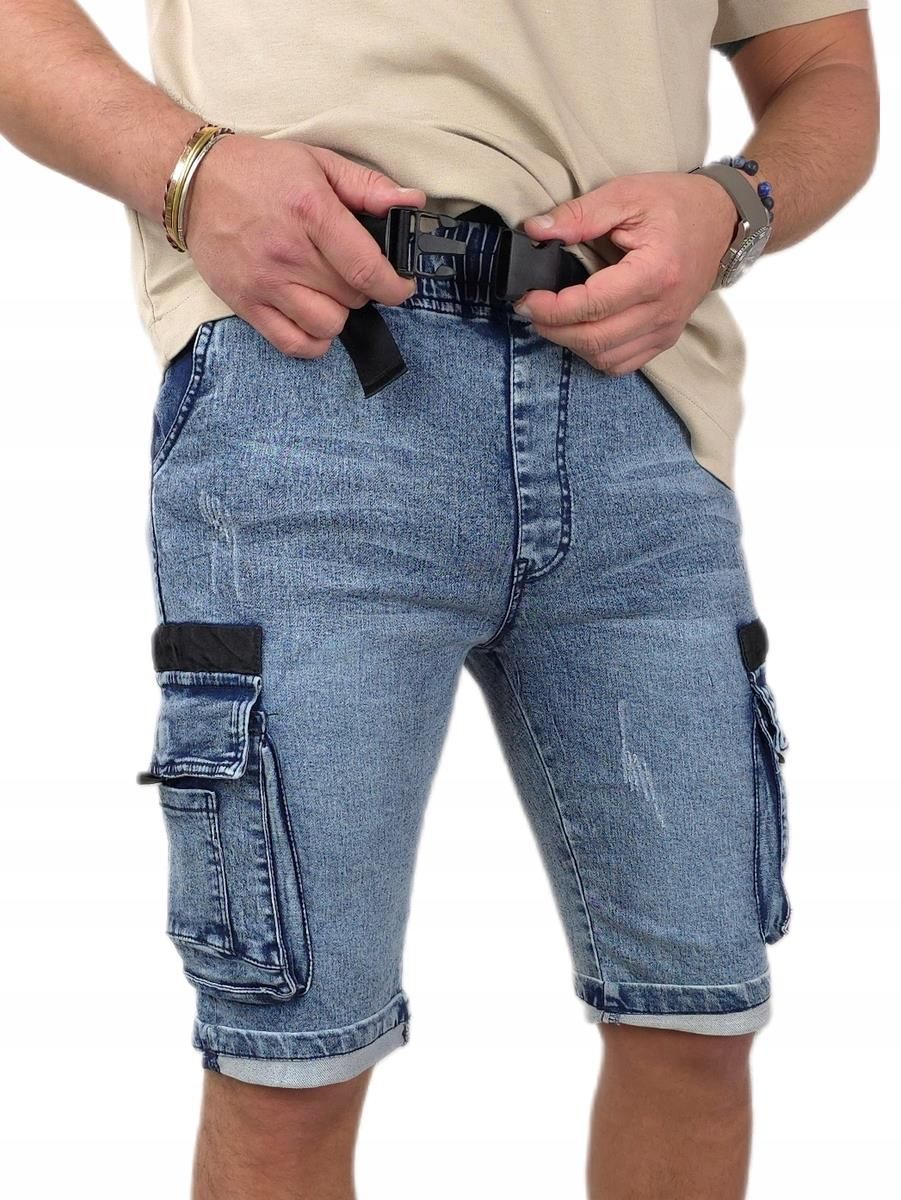 Spodenki męskie Jeansowe Bojówki krótkie spodnie rozciągliwe Pas z ...