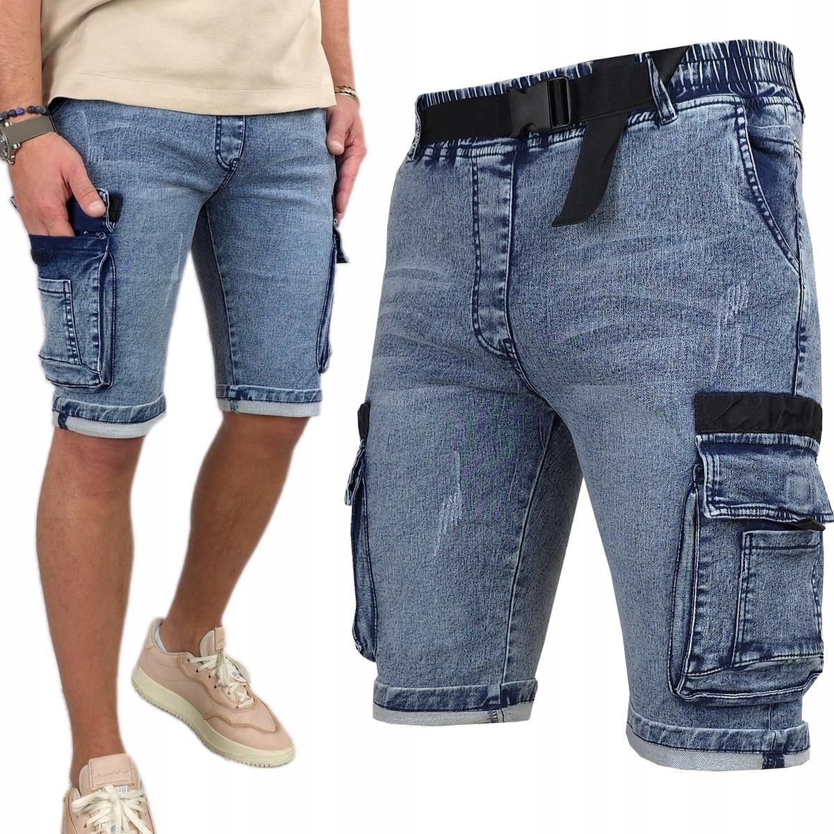 Spodenki męskie Jeansowe Bojówki krótkie spodnie rozciągliwe Pas z ...