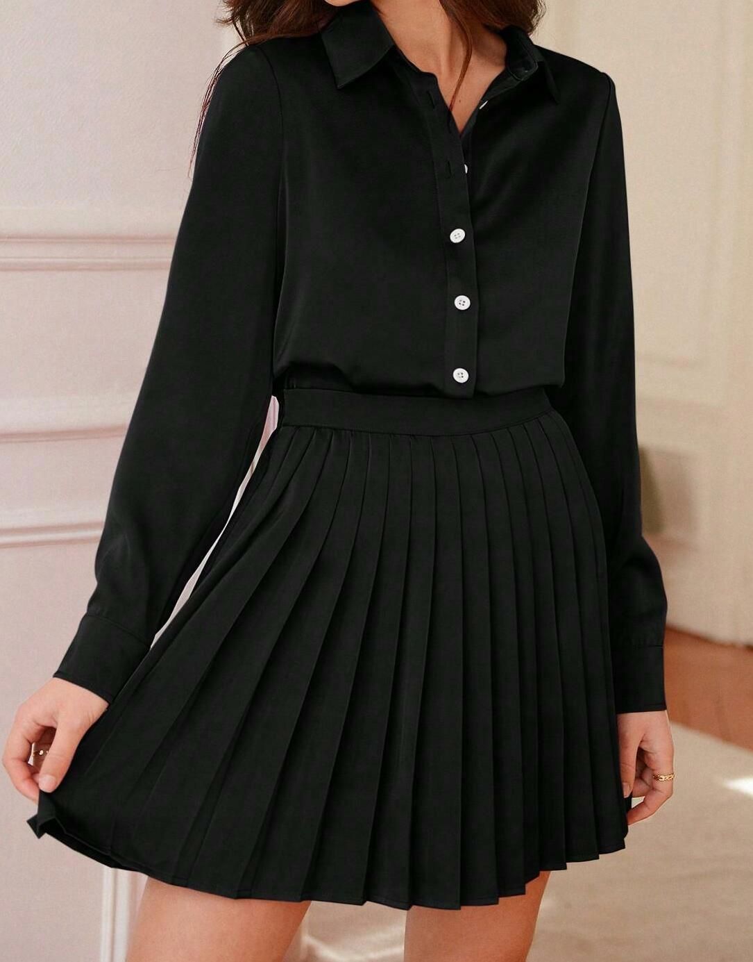 Czarny Komplet Koszula Długi Rękaw Guziki Plisowana Spódnica Mini Shein ...