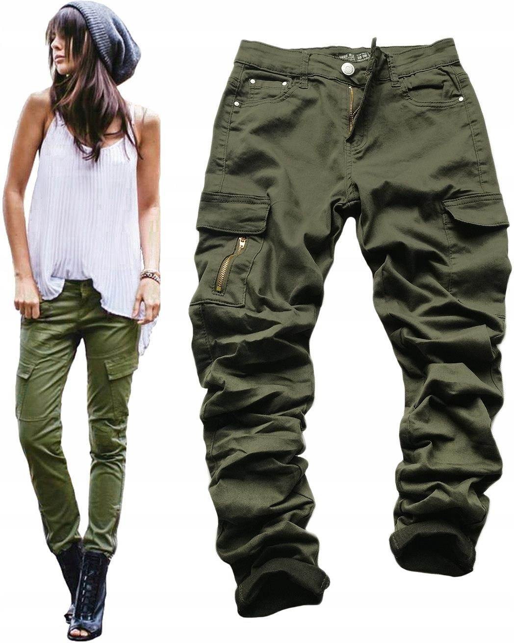 Spodnie Cargo Z Kieszeniami Damskie Bojówki Khaki Militarne Duże ...