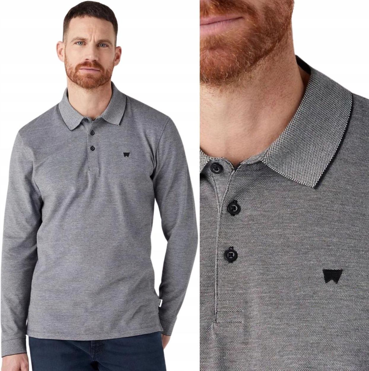 Wrangler Refined Polo Longsleeve Bawełniana Szara Polówka Długi Rękaw M ...