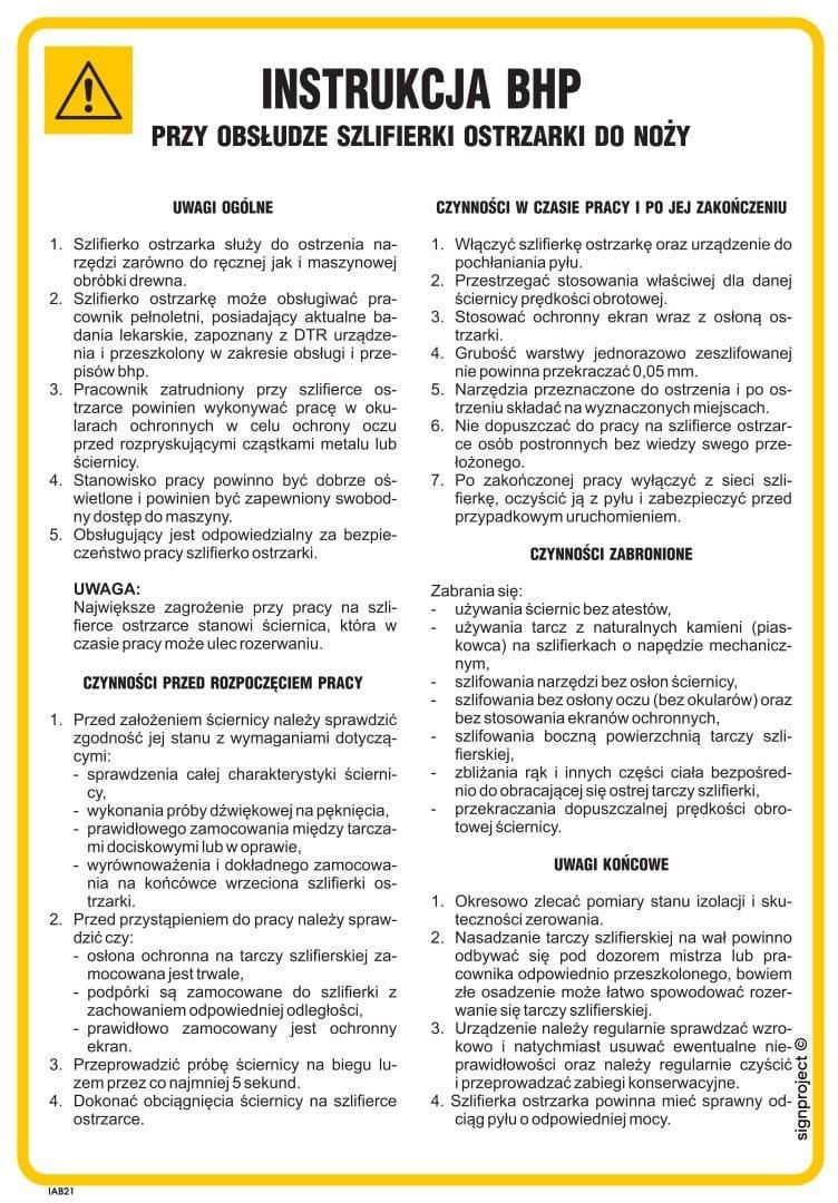 Signproject Iab21 Instrukcja Bhp Przy Obsłudze Szlifierki Ostrzarki Do Noży (Obróbka Drewna) (24 ...