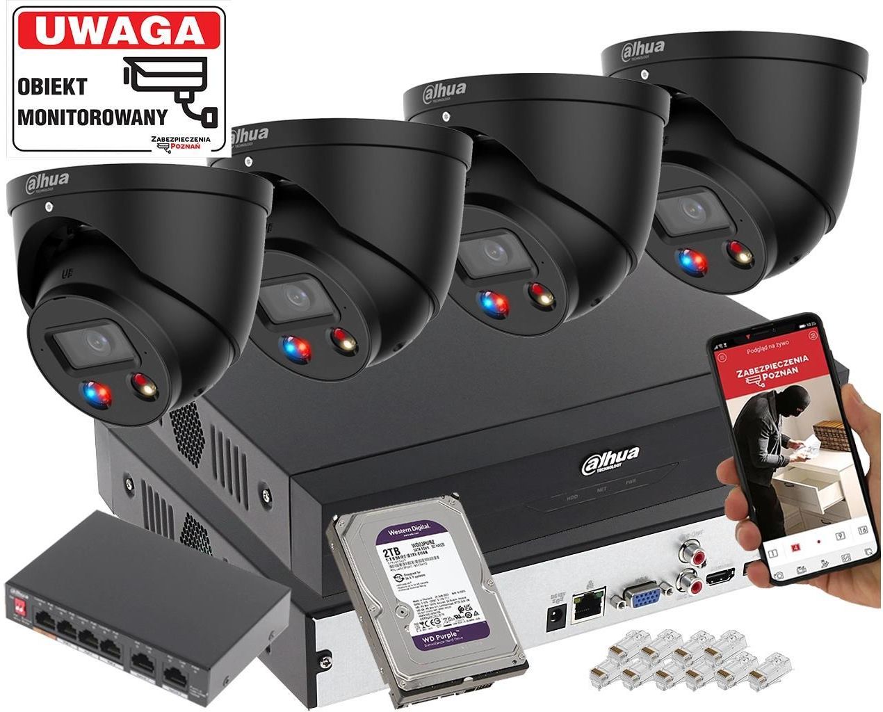 Zestaw do monitoringu Monitoringu na 4 Czarne Kamery 5MPx Dahua IPC-HDW3549H-AS-PV-0280B-S5 ...