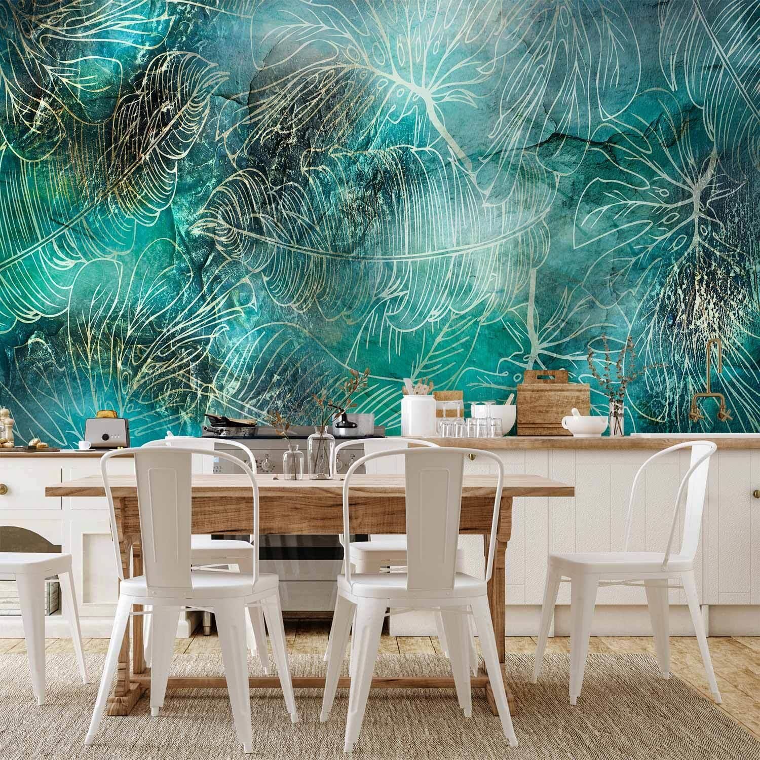 Wall-Dekor Tapeta flizelinowa Turkusowa roślinność 350x245cm liście b-A ...