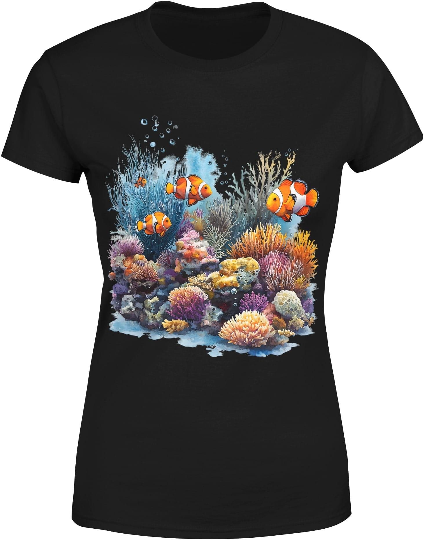 Akwarium rybki nemo nurek rafa koralowa ryby Damska koszulka (M, Czarny ...