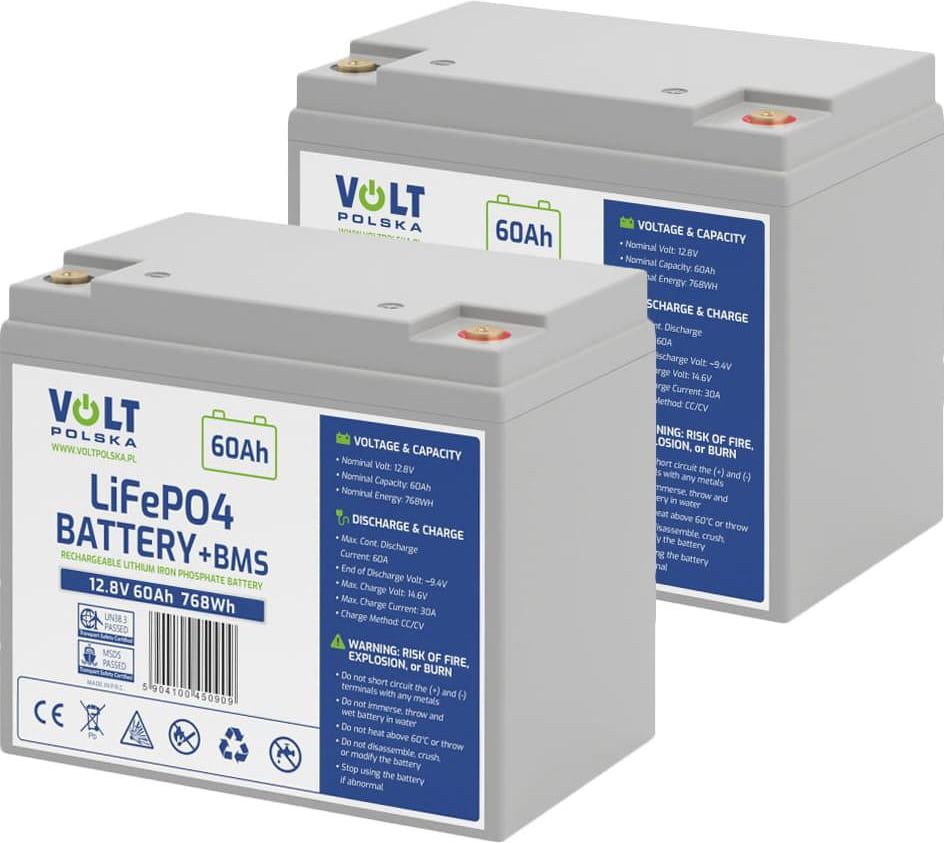 Zestaw: 2 x akumulator Volt LiFePO4 12.8V 60Ah (60A) + prostownik do ...