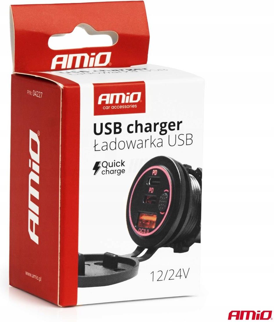 Ładowarka do telefonu Amio Z Gniazdami 2X Usb-C Qc3.0 Z Włącznikiem 12V ...