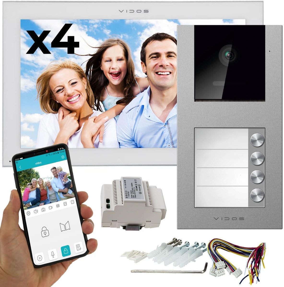 Videofon Wideodomofon czteroabonentowy Vidos X M14W-X + S11-4 Duże monitory WiFi Android ...
