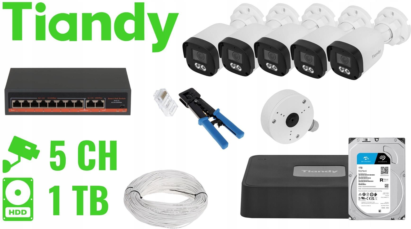 Zestaw do monitoringu Tiandy Kompletny Zestaw Monitoringu Tiandy: 5 Kamer Ip + Rejestrator ...