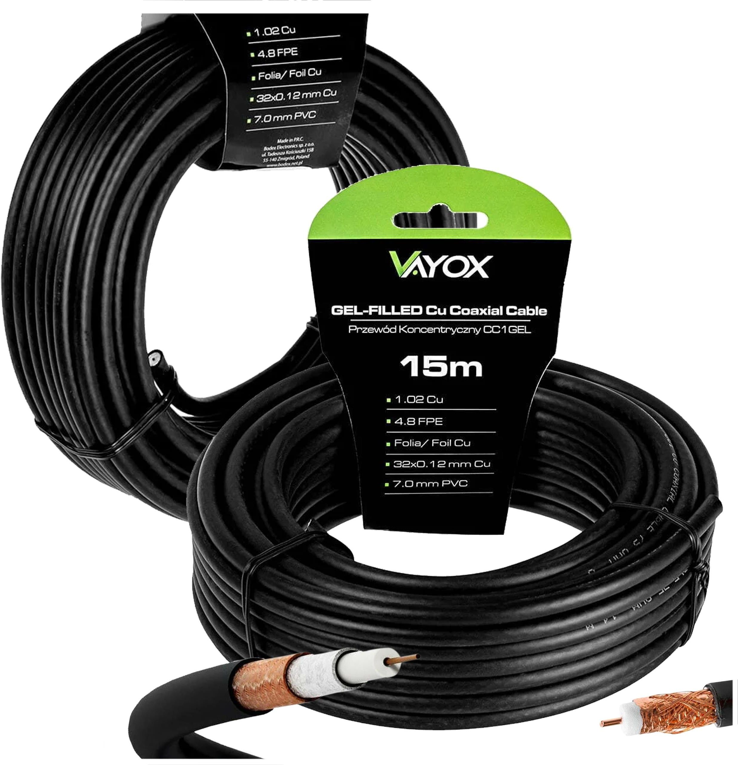 Vayox Kabel antenowy ziemny żelowy miedziany 15m 4K Full Hd Lte ...